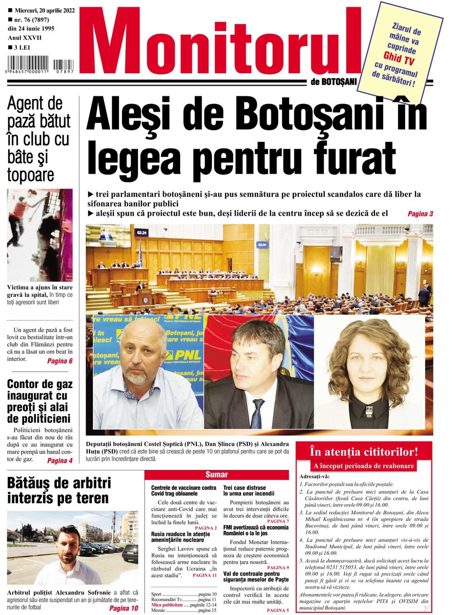Miercuri, 20 aprilie 2022 - Monitorul de Botoșani