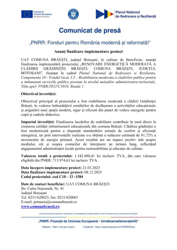 Comunicat de presă finalizare implementare proiect PNRR. - Monitorul de ...